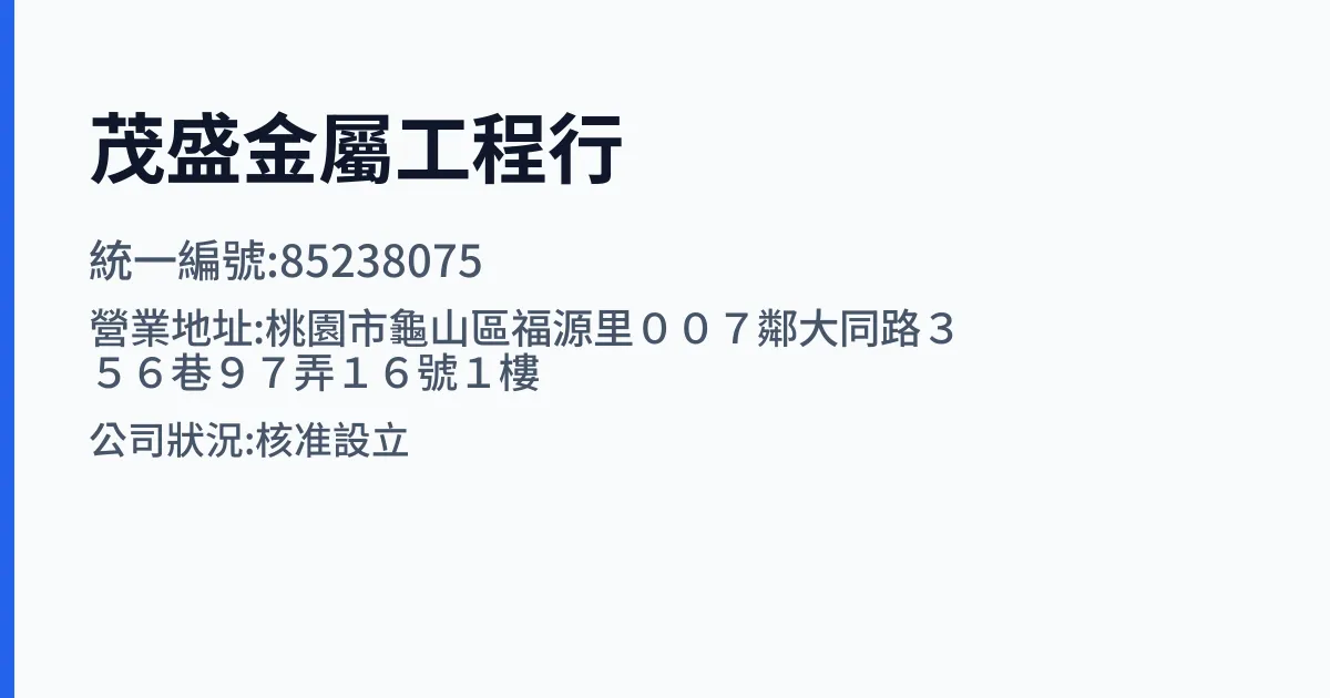 茂盛金屬工程行 - 統編 85238075(桃園市) 公司登記資料與營業項目詳細圖表