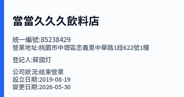 當當久久久飲料店的照片-統編 85238429(桃園市) 公司登記資料與營業項目詳細圖表