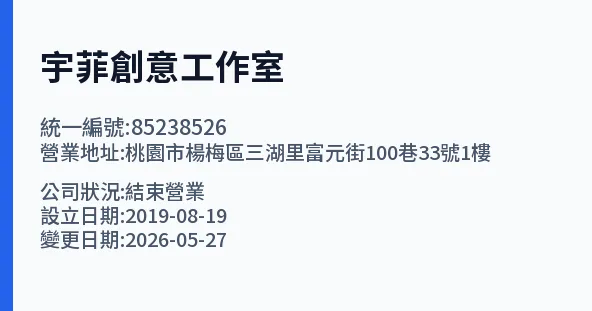 宇菲創意工作室的照片-統編 85238526(桃園市) 公司登記資料與營業項目詳細圖表