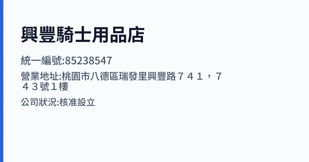 興豐騎士用品店 - 統編 85238547(桃園市) 公司登記資料與營業項目詳細圖表