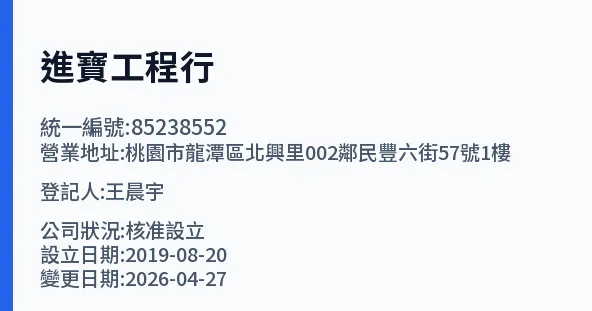 進寶工程行的照片-統編 85238552(桃園市) 公司登記資料與營業項目詳細圖表
