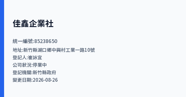 佳鑫企業社的照片-統編 85238650(新竹縣) 公司登記資料與營業項目詳細圖表