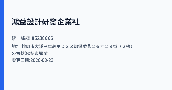 鴻益設計研發企業社的照片-統編 85238666(桃園市) 公司登記資料與營業項目詳細圖表