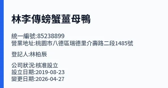 林李傳螃蟹薑母鴨的照片-統編 85238899(桃園市) 公司登記資料與營業項目詳細圖表