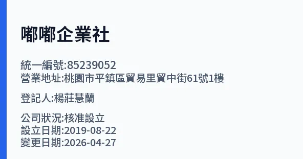 嘟嘟企業社的照片-統編 85239052(桃園市) 公司登記資料與營業項目詳細圖表