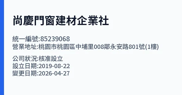 尚慶門窗建材企業社的照片-統編 85239068(桃園市) 公司登記資料與營業項目詳細圖表