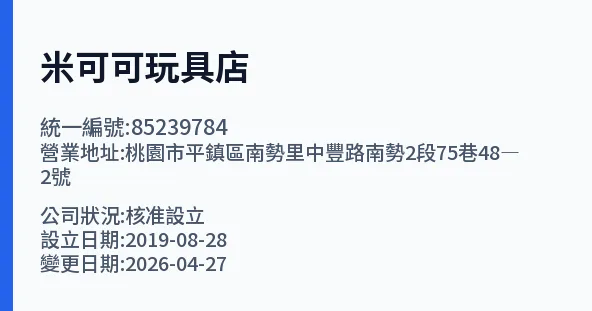 米可可玩具店的照片-統編 85239784(桃園市) 公司登記資料與營業項目詳細圖表