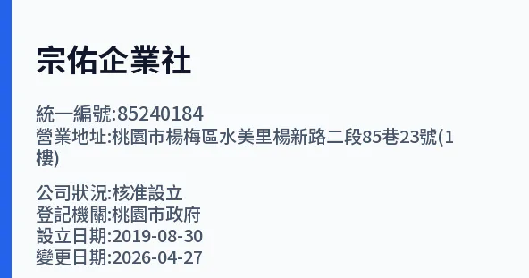 宗佑企業社的照片-統編 85240184(桃園市) 公司登記資料與營業項目詳細圖表
