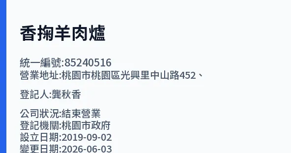 香掬羊肉爐的照片-統編 85240516(桃園市) 公司登記資料與營業項目詳細圖表