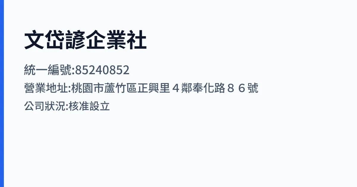文岱諺企業社 - 統編 85240852(桃園市) 公司登記資料與營業項目詳細圖表