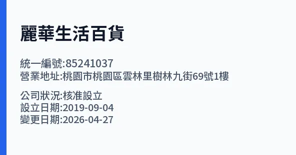 麗華生活百貨的照片-統編 85241037(桃園市) 公司登記資料與營業項目詳細圖表