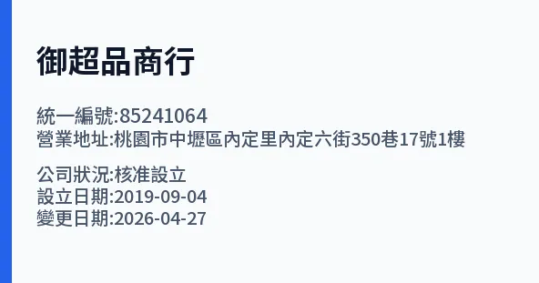 御超品商行的照片-統編 85241064(桃園市) 公司登記資料與營業項目詳細圖表