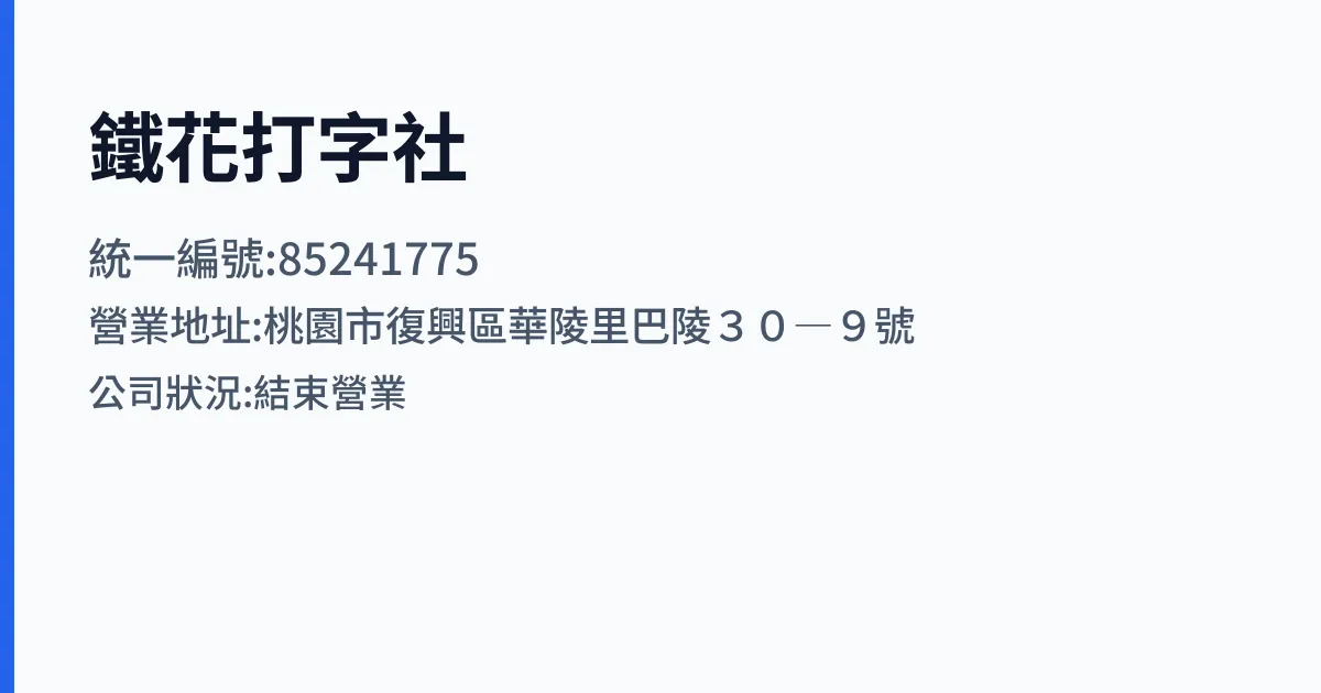 鐵花打字社 - 統編 85241775(桃園市) 公司登記資料與營業項目詳細圖表