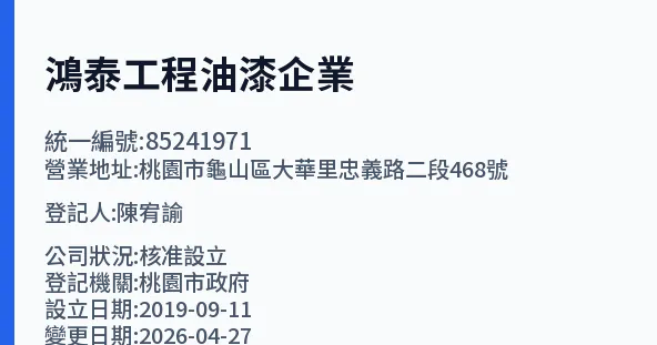 鴻泰工程油漆企業的照片-統編 85241971(桃園市) 公司登記資料與營業項目詳細圖表
