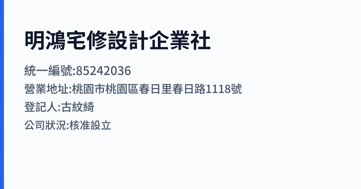 明鴻宅修設計企業社 - 統編 85242036(桃園市) 公司登記資料與營業項目詳細圖表