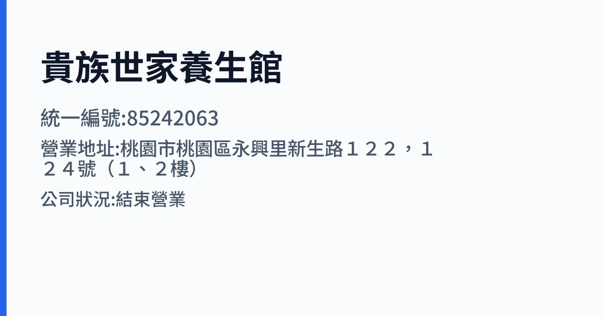 貴族世家養生館 - 統編 85242063(桃園市) 公司登記資料與營業項目詳細圖表