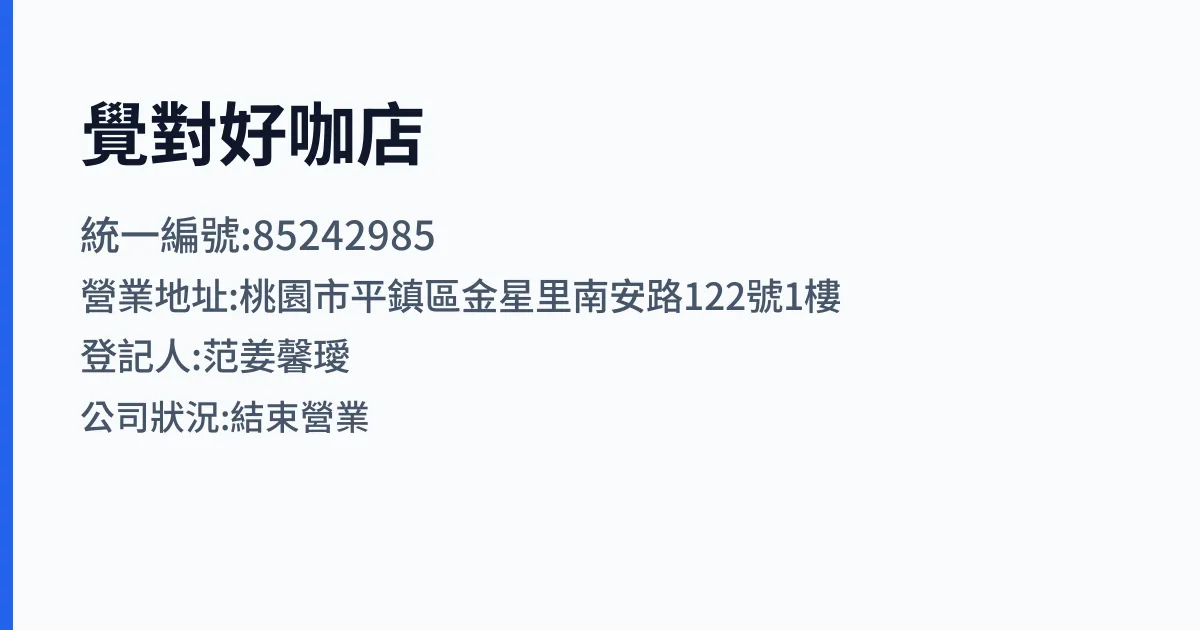覺對好咖店 - 統編 85242985(桃園市) 公司登記資料與營業項目詳細圖表