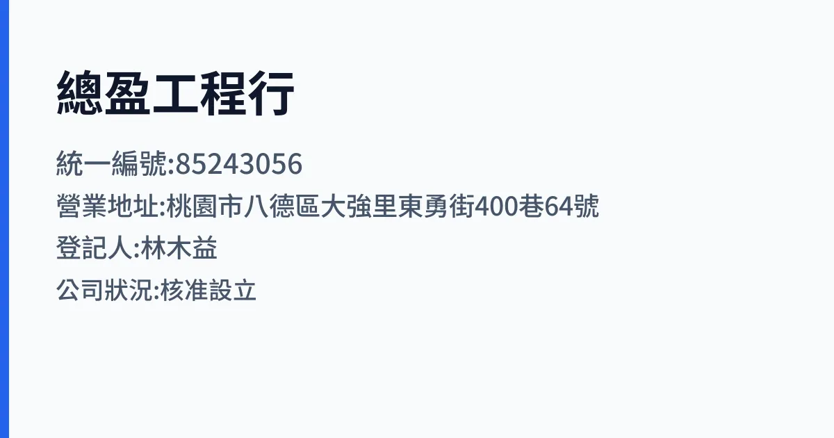 總盈工程行 - 統編 85243056(桃園市) 公司登記資料與營業項目詳細圖表