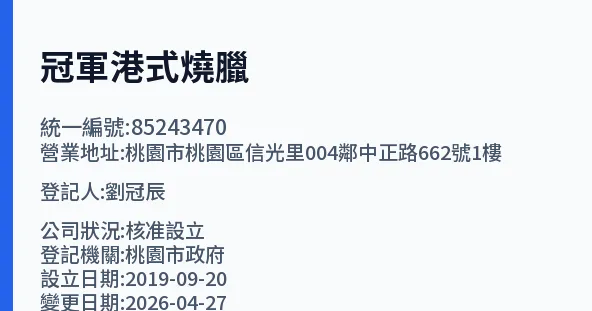冠軍港式燒臘的照片-統編 85243470(桃園市) 公司登記資料與營業項目詳細圖表