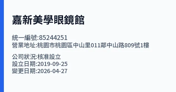 嘉新美學眼鏡館的照片-統編 85244251(桃園市) 公司登記資料與營業項目詳細圖表