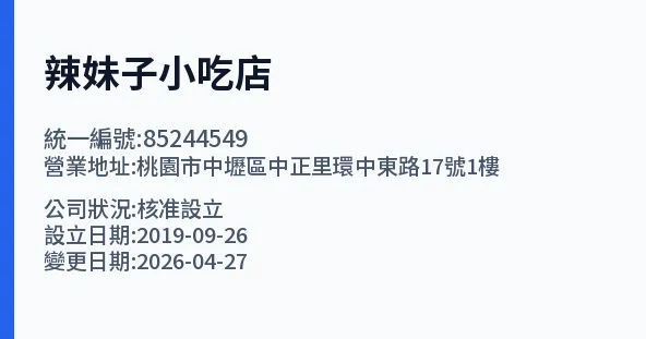 辣妹子小吃店的照片-統編 85244549(桃園市) 公司登記資料與營業項目詳細圖表