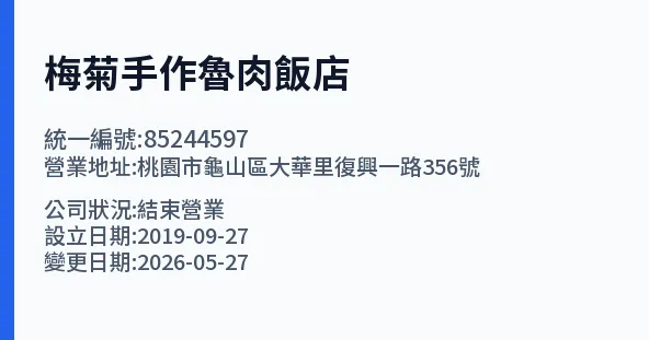 梅菊手作魯肉飯店的照片-統編 85244597(桃園市) 公司登記資料與營業項目詳細圖表