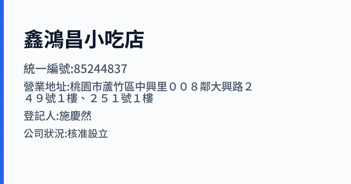 鑫鴻昌小吃店 - 統編 85244837(桃園市) 公司登記資料與營業項目詳細圖表
