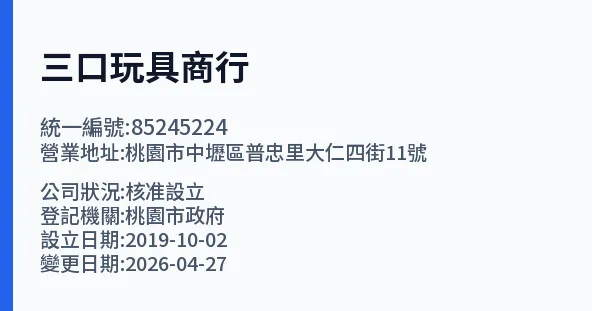 三口玩具商行的照片-統編 85245224(桃園市) 公司登記資料與營業項目詳細圖表