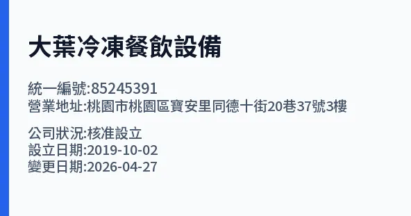 大葉冷凍餐飲設備的照片-統編 85245391(桃園市) 公司登記資料與營業項目詳細圖表
