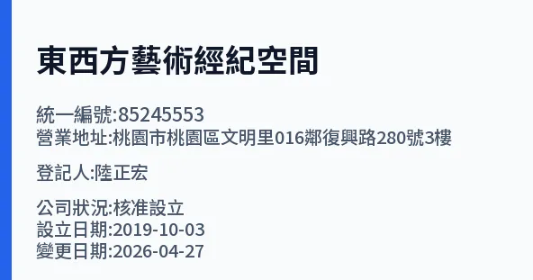 東西方藝術經紀空間的照片-統編 85245553(桃園市) 公司登記資料與營業項目詳細圖表