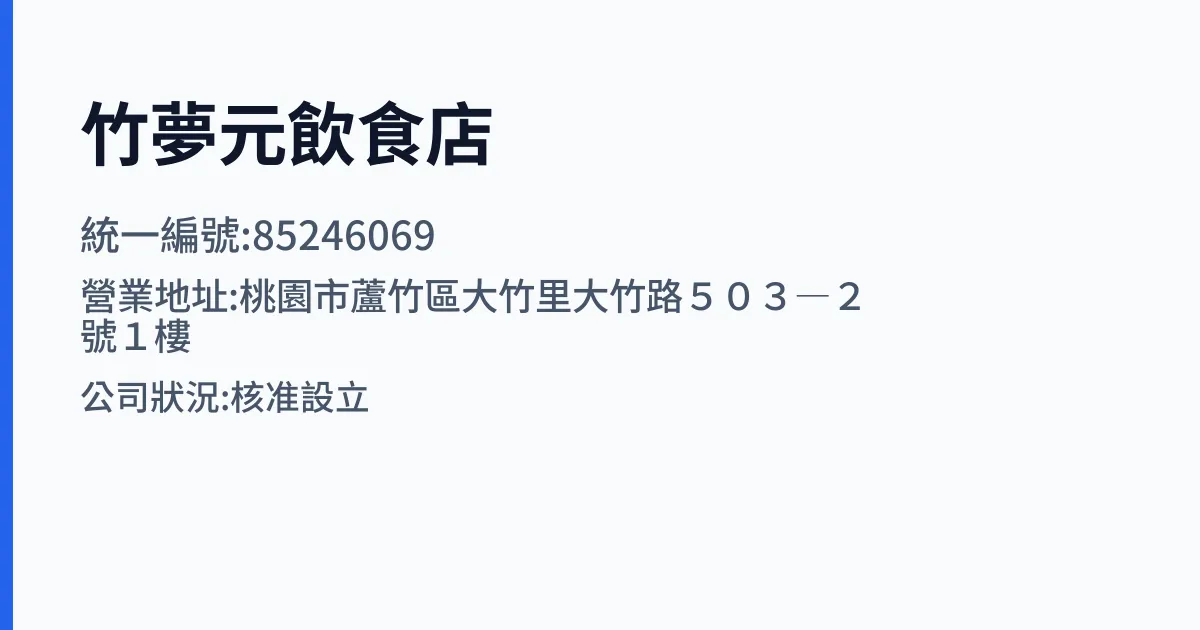 竹夢元飲食店 - 統編 85246069(桃園市) 公司登記資料與營業項目詳細圖表