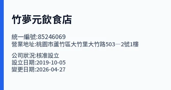 竹夢元飲食店的照片-統編 85246069(桃園市) 公司登記資料與營業項目詳細圖表