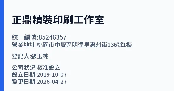 正鼎精裝印刷工作室的照片-統編 85246357(桃園市) 公司登記資料與營業項目詳細圖表