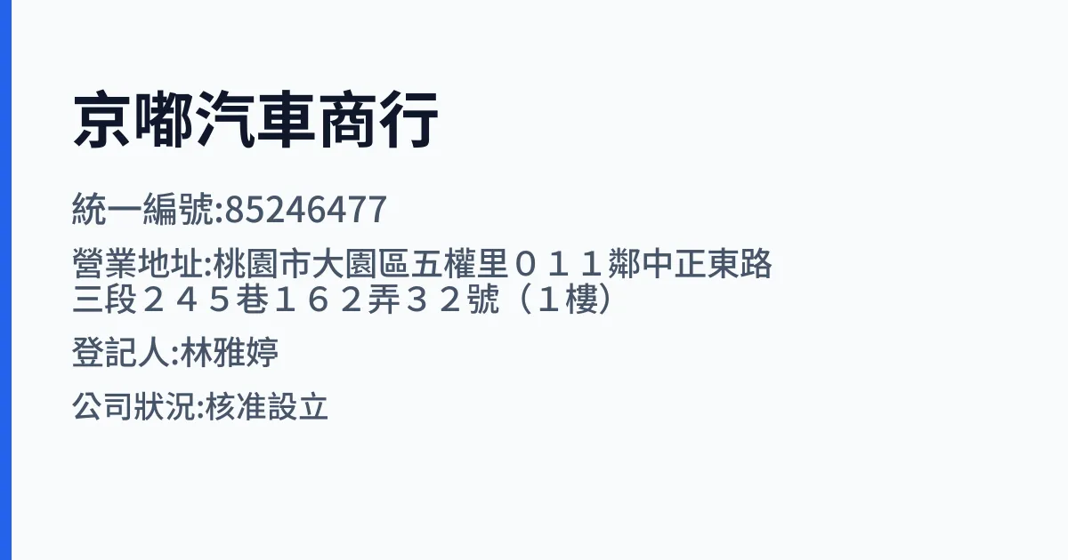 京嘟汽車商行 - 統編 85246477(桃園市) 公司登記資料與營業項目詳細圖表