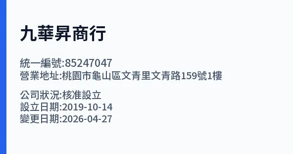 九華昇商行的照片-統編 85247047(桃園市) 公司登記資料與營業項目詳細圖表