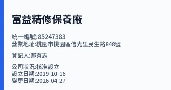 富益精修保養廠的照片-統編 85247383(桃園市) 公司登記資料與營業項目詳細圖表