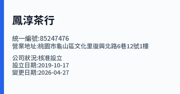 鳳淳茶行的照片-統編 85247476(桃園市) 公司登記資料與營業項目詳細圖表