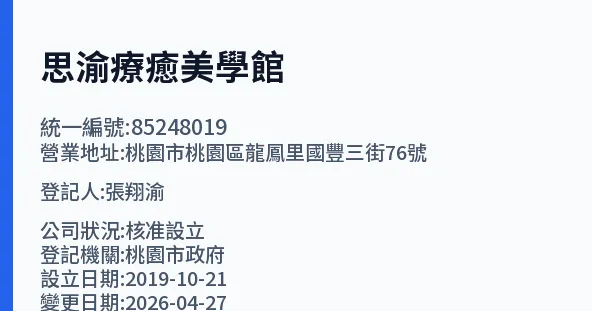 思渝療癒美學館的照片-統編 85248019(桃園市) 公司登記資料與營業項目詳細圖表
