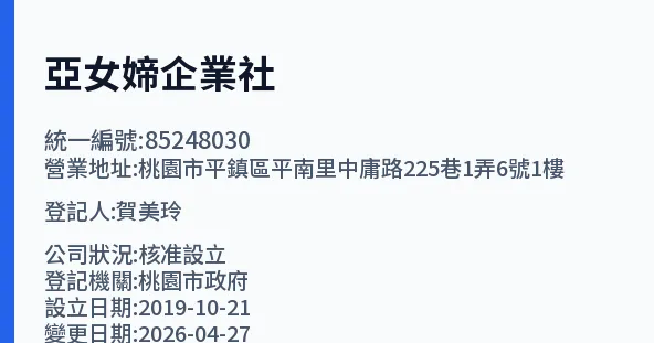 亞女媂企業社的照片-統編 85248030(桃園市) 公司登記資料與營業項目詳細圖表