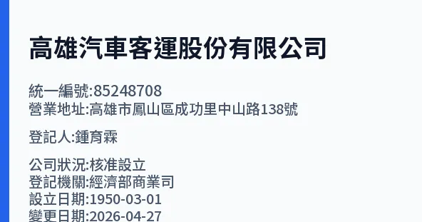 高雄汽車客運股份有限公司的照片-統編 85248708(高雄市) 公司登記資料與營業項目詳細圖表