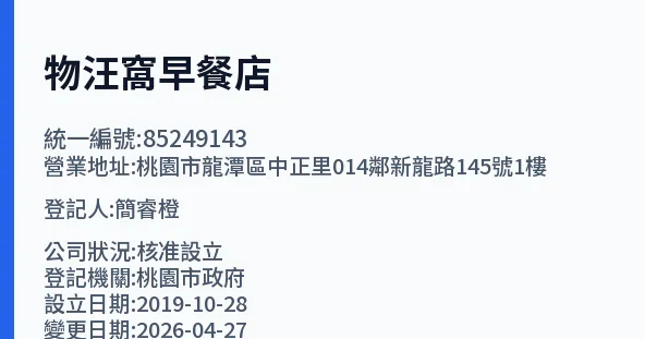 物汪窩早餐店的照片-統編 85249143(桃園市) 公司登記資料與營業項目詳細圖表