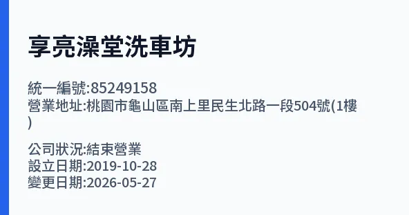 享亮澡堂洗車坊的照片-統編 85249158(桃園市) 公司登記資料與營業項目詳細圖表