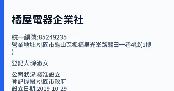 橘屋電器企業社的照片-統編 85249235(桃園市) 公司登記資料與營業項目詳細圖表