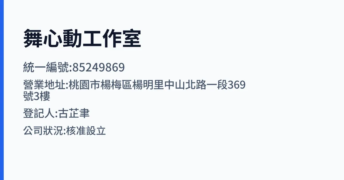 舞心動工作室 - 統編 85249869(桃園市) 公司登記資料與營業項目詳細圖表