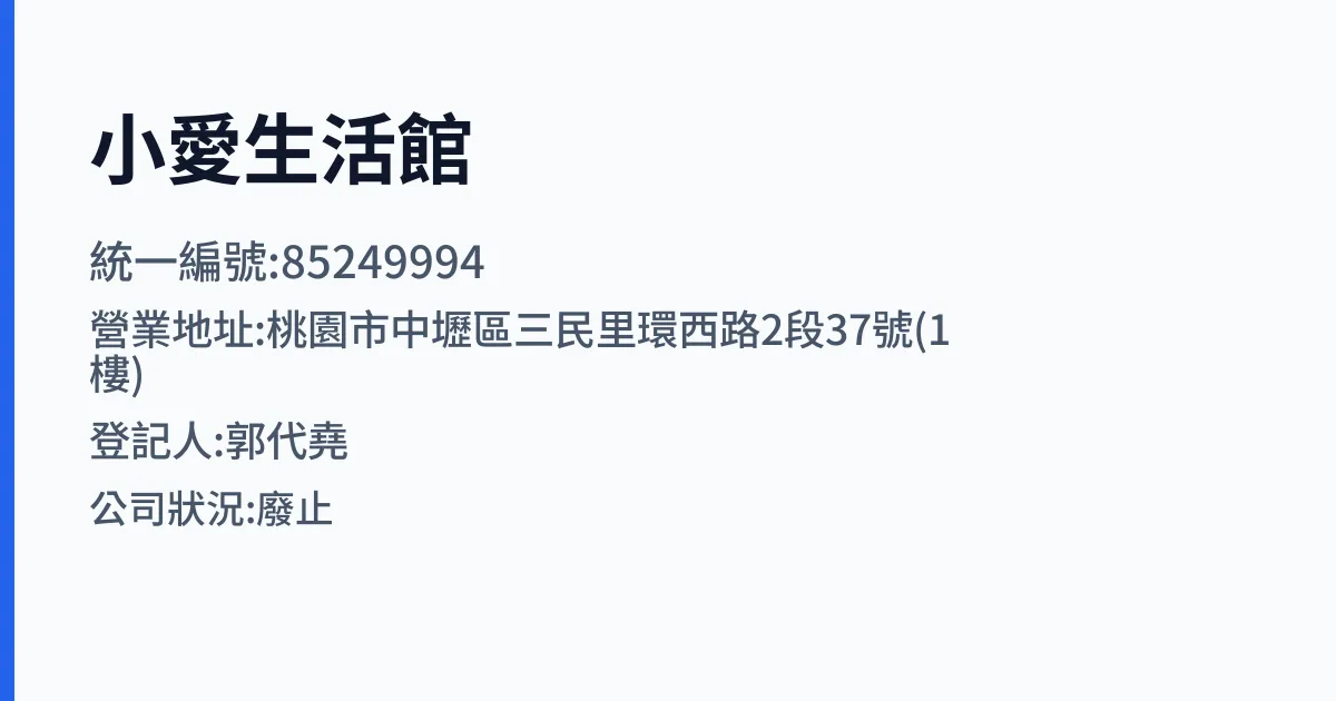 小愛生活館 - 統編 85249994(桃園市) 公司登記資料與營業項目詳細圖表