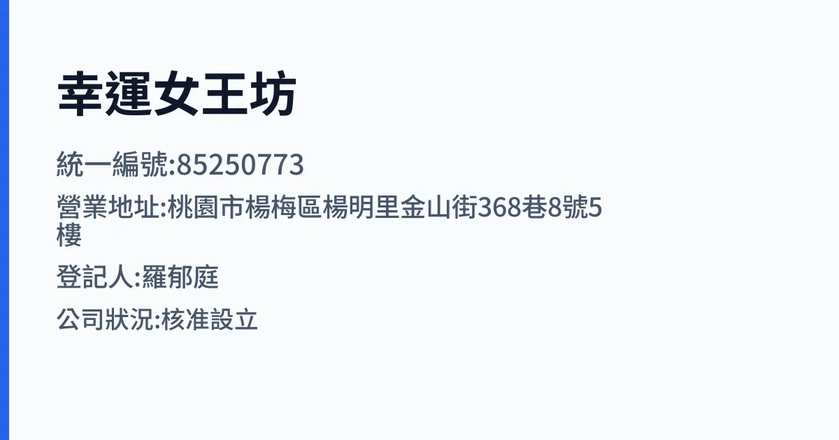 幸運女王坊 - 統編 85250773(桃園市) 公司登記資料與營業項目詳細圖表