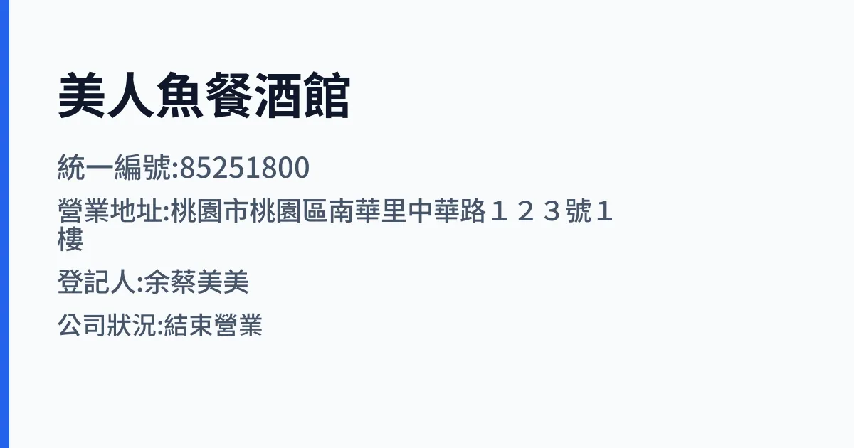 美人魚餐酒館 - 統編 85251800(桃園市) 公司登記資料與營業項目詳細圖表