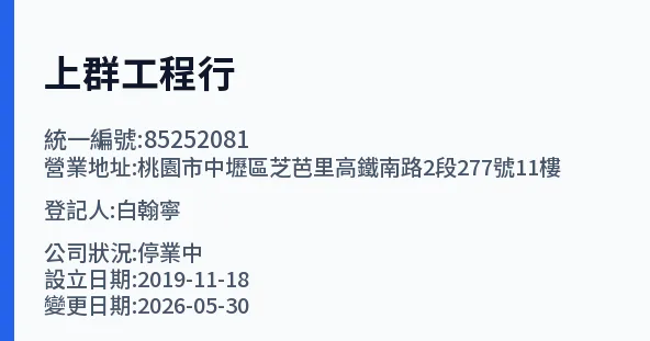 上群工程行的照片-統編 85252081(桃園市) 公司登記資料與營業項目詳細圖表