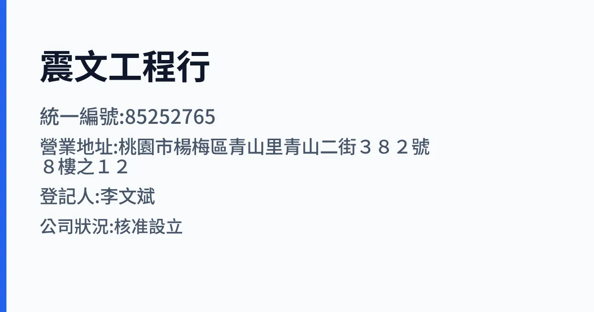 震文工程行 - 統編 85252765(桃園市) 公司登記資料與營業項目詳細圖表