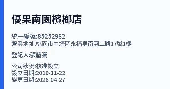 優果南園檳榔店的照片-統編 85252982(桃園市) 公司登記資料與營業項目詳細圖表